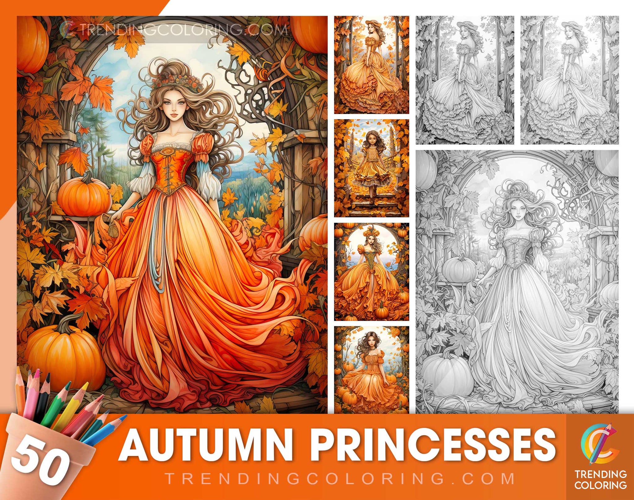 50 Autumn Princesses Grayscale Coloring Pages - Instant Download - Pri ...