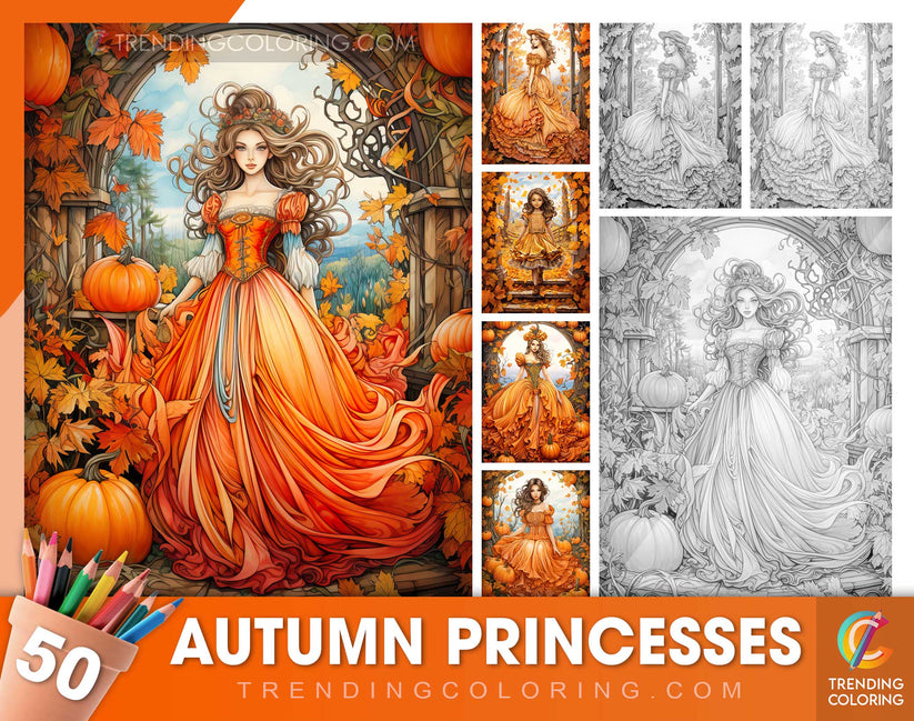 50 Autumn Princesses Grayscale Coloring Pages - Instant Download - Pri ...