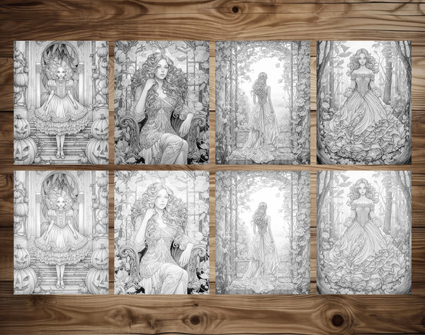 50 Autumn Princesses Grayscale Coloring Pages - Instant Download - Pri ...