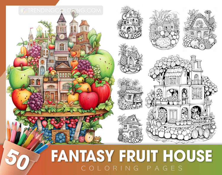 50 Fantasy Fruit House Coloring Pages - Instant Download - Printable ...