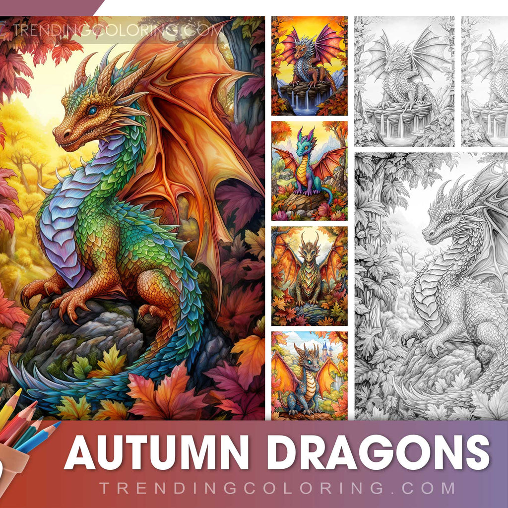 50 Autumn Dragons Grayscale Coloring Pages - Instant Download - Printa ...