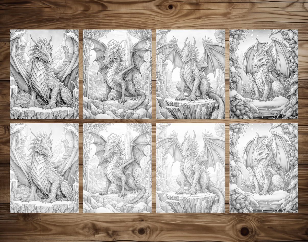 50 Winter Dragon Grayscale Coloring Pages - Instant Download - Printab ...