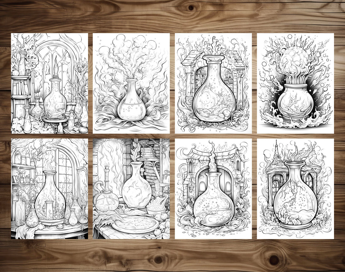 50 Magic Potion Grayscale Coloring Pages - Halloween Coloring - Instan ...