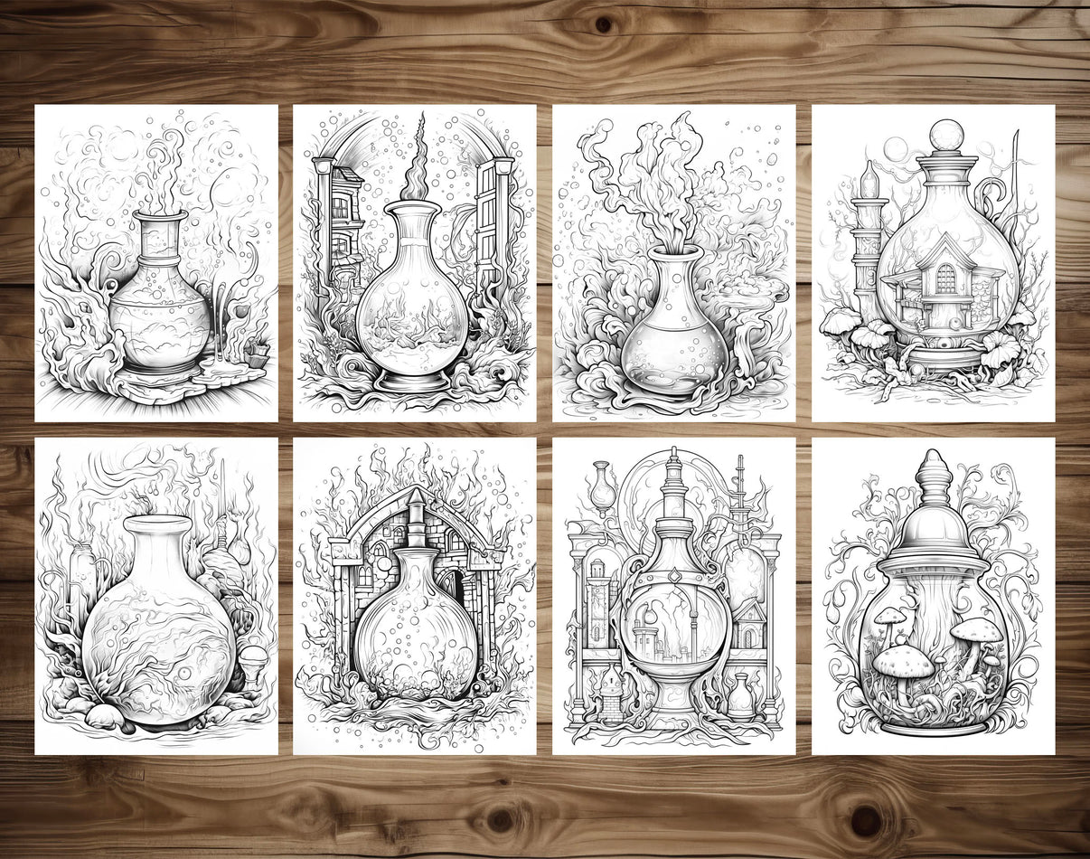 50 Magic Potion Grayscale Coloring Pages - Halloween Coloring - Instan ...
