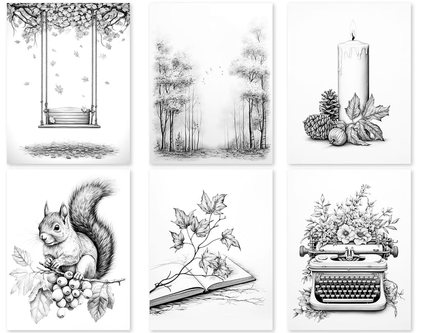 50 Minimalist Autumn Grayscale Coloring Pages - Instant Download - Pri ...