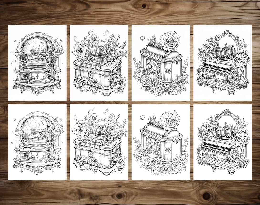 50 Music Box Grayscale Coloring Pages - Instant Download - Printable D ...