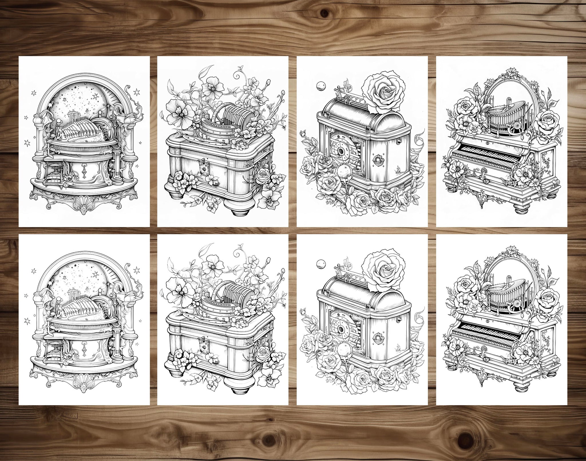 50 Music Box Grayscale Coloring Pages - Instant Download - Printable P ...