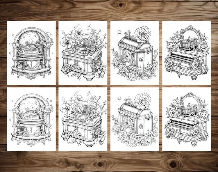 50 Music Box Grayscale Coloring Pages - Instant Download - Printable D ...