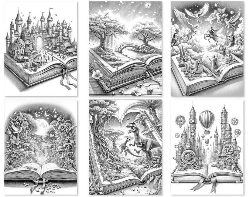 50 Open Magic Book 2 Grayscale Coloring Pages - Instant Download - Pri ...