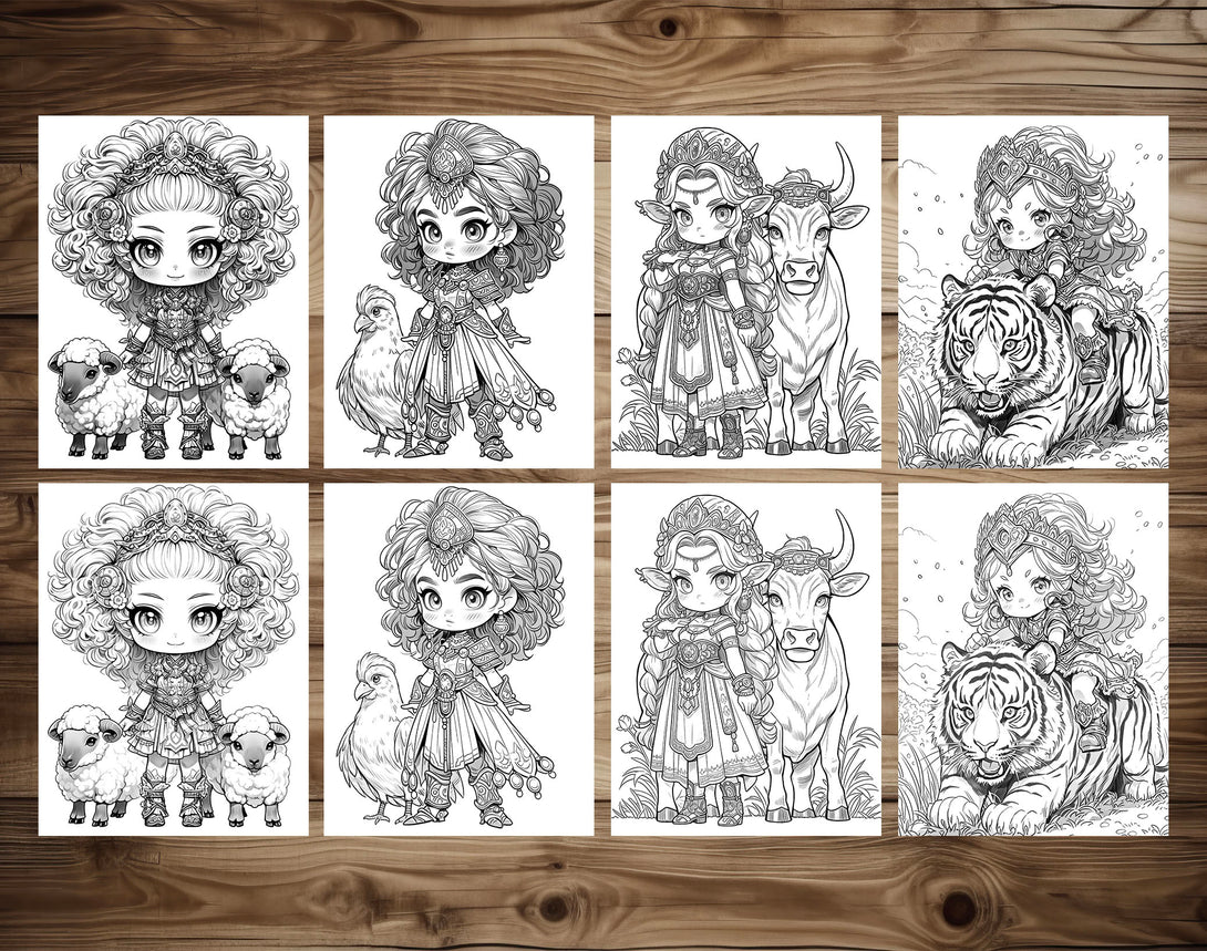 50 Princess Of Animal Grayscale Coloring Pages - Instant Download - Pr ...