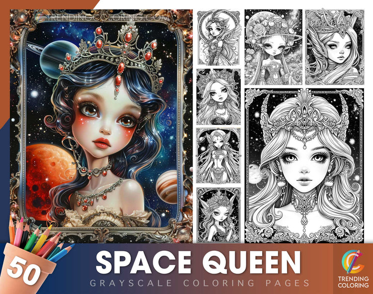 50 Space Queen Grayscale Coloring Pages - Instant Download - Printable ...