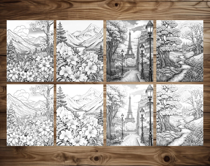 50 Spring Scene Grayscale Coloring Pages - Instant Download - Printabl ...