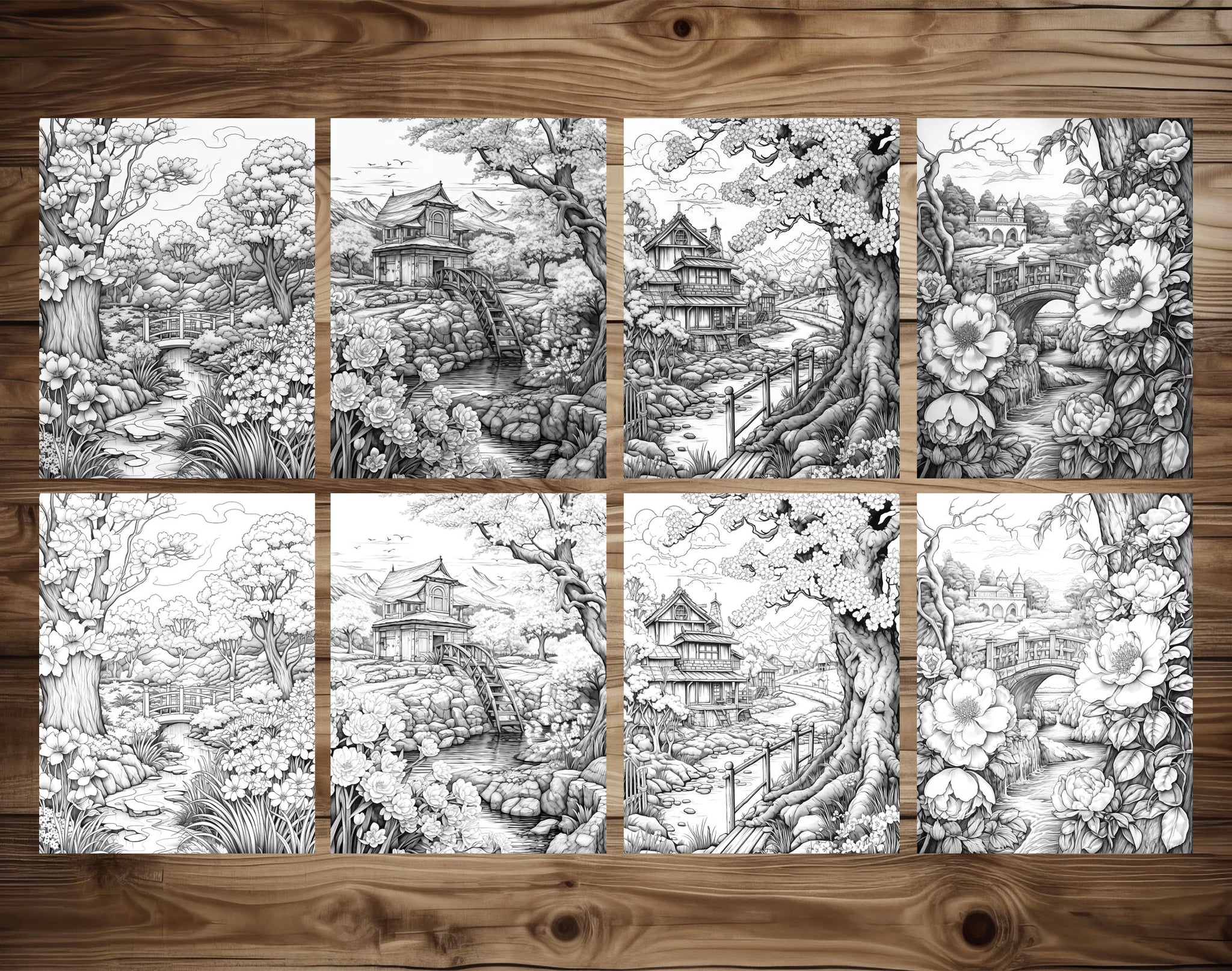 50 Spring Scene Grayscale Coloring Pages - Instant Download - Printabl ...