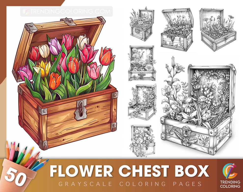 50 Flower Chest Box Grayscale Coloring Pages - Instant Download - Prin ...