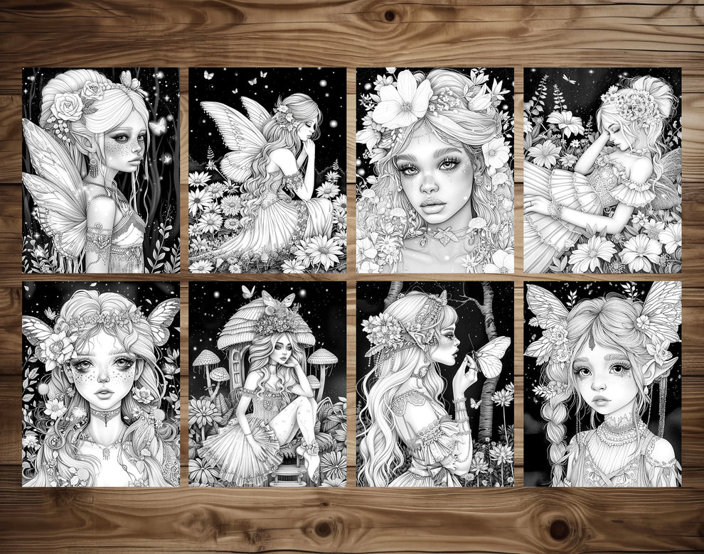 50 Midnight Fairies Grayscale Coloring Pages - Instant Download - Prin ...