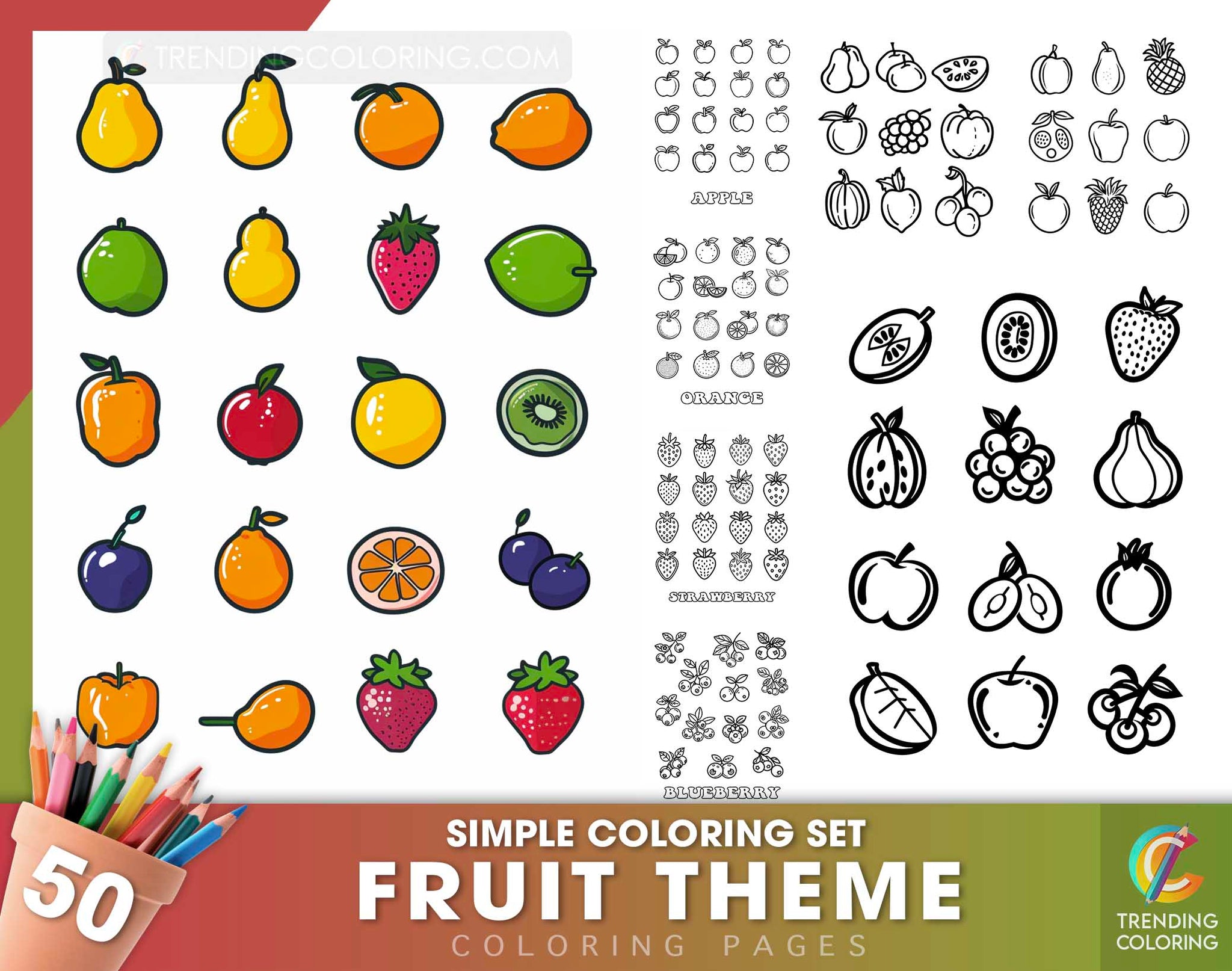 50 Simple Coloring Set - Fruit Theme Coloring Pages - Instant Download ...