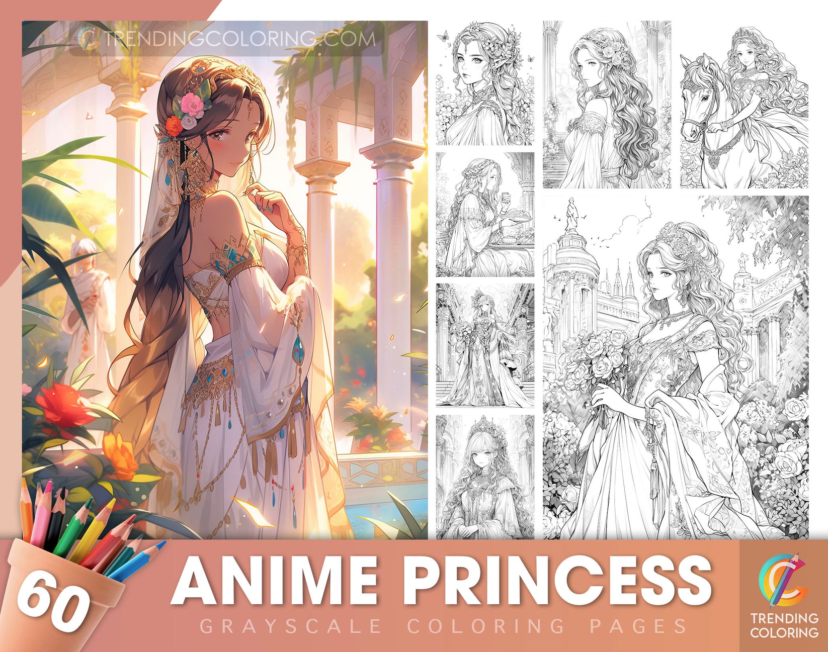 60 Anime Princess Grayscale Coloring Pages - Instant Download - Printa ...