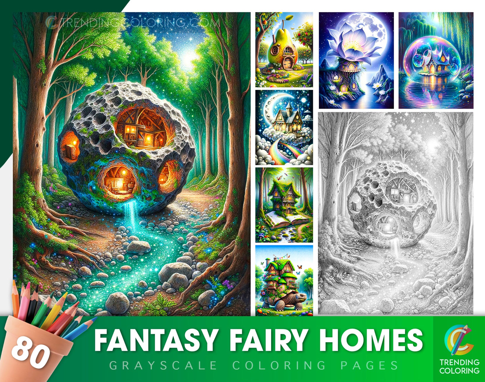 80 Fantasy Fairy Homes Grayscale Coloring Pages - Instant Download - P ...