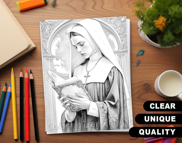 25 Gothic Nuns Grayscale Coloring Pages - Halloween Coloring - Instant ...