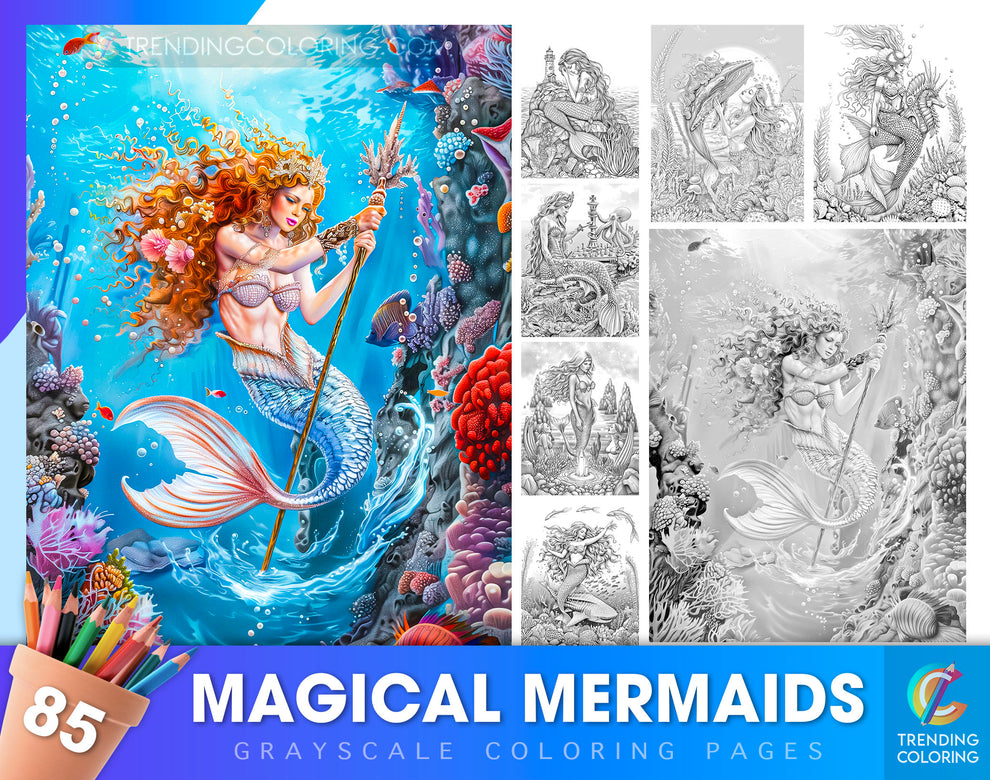 85 Magical Mermaids Grayscale Coloring Pages - Instant Download - Prin ...