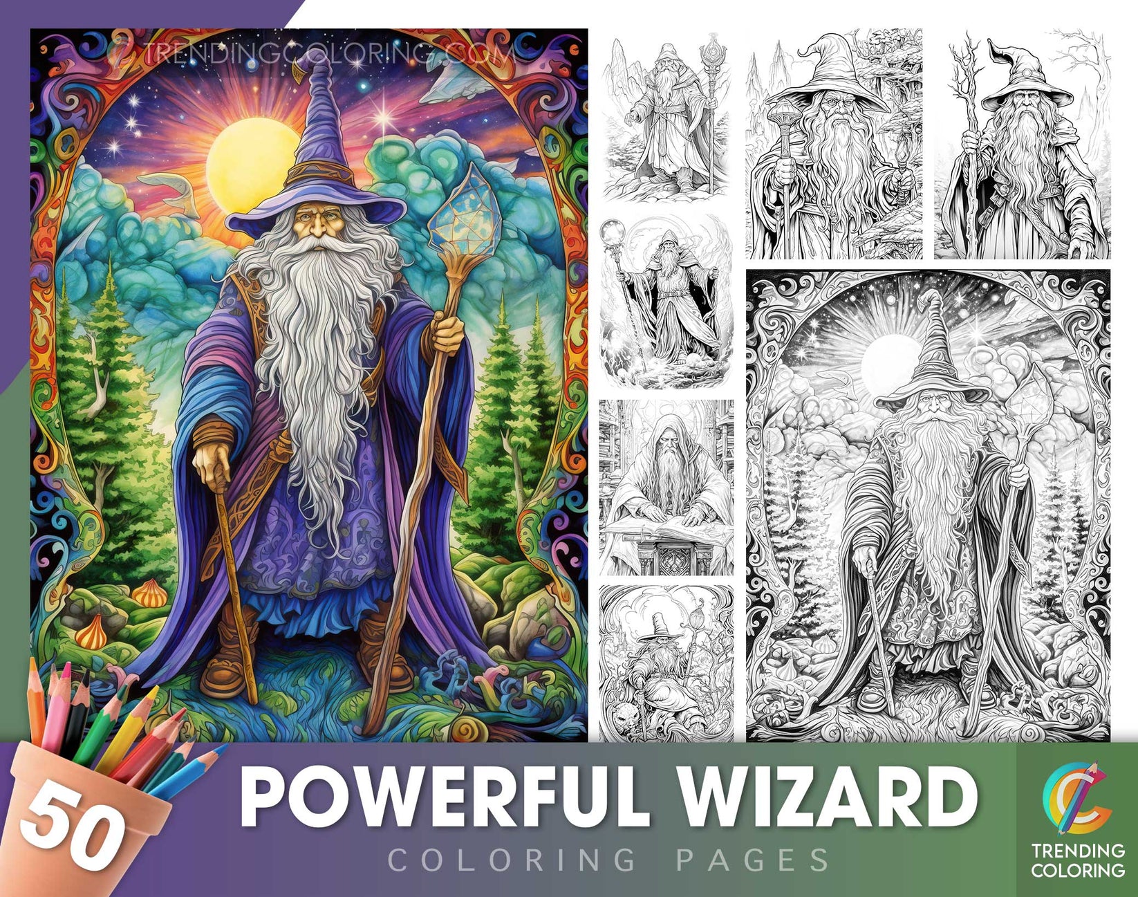50 Powerful Wizard Coloring Pages - Halloween Coloring - Instant Downl ...