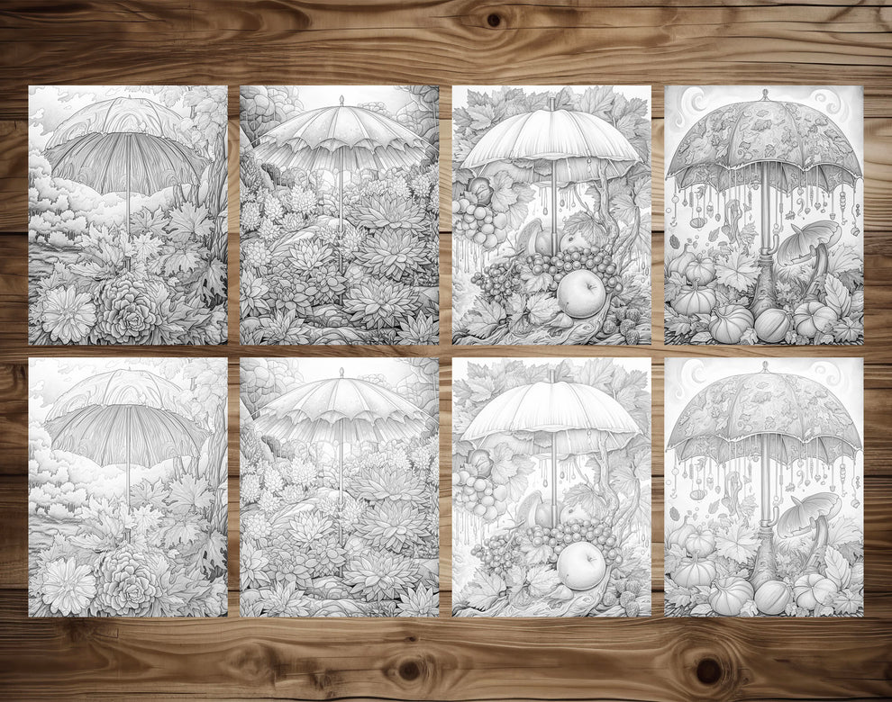 50 Autumn Umbrella Grayscale Coloring Pages - Instant Download - Print ...