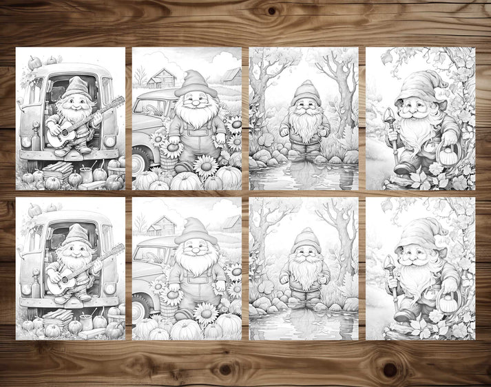 50 Autumn Gnome Grayscale Coloring Pages - Instant Download - Printabl ...