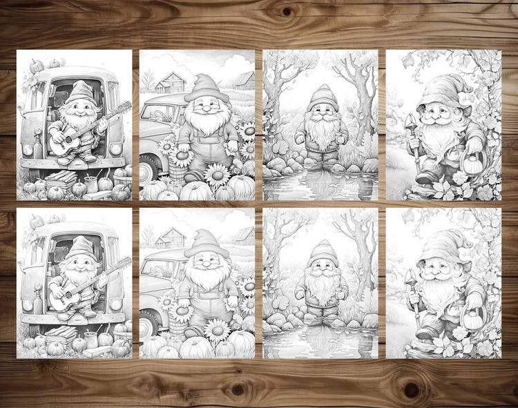 50 Autumn Gnome Grayscale Coloring Pages - Instant Download - Printabl ...