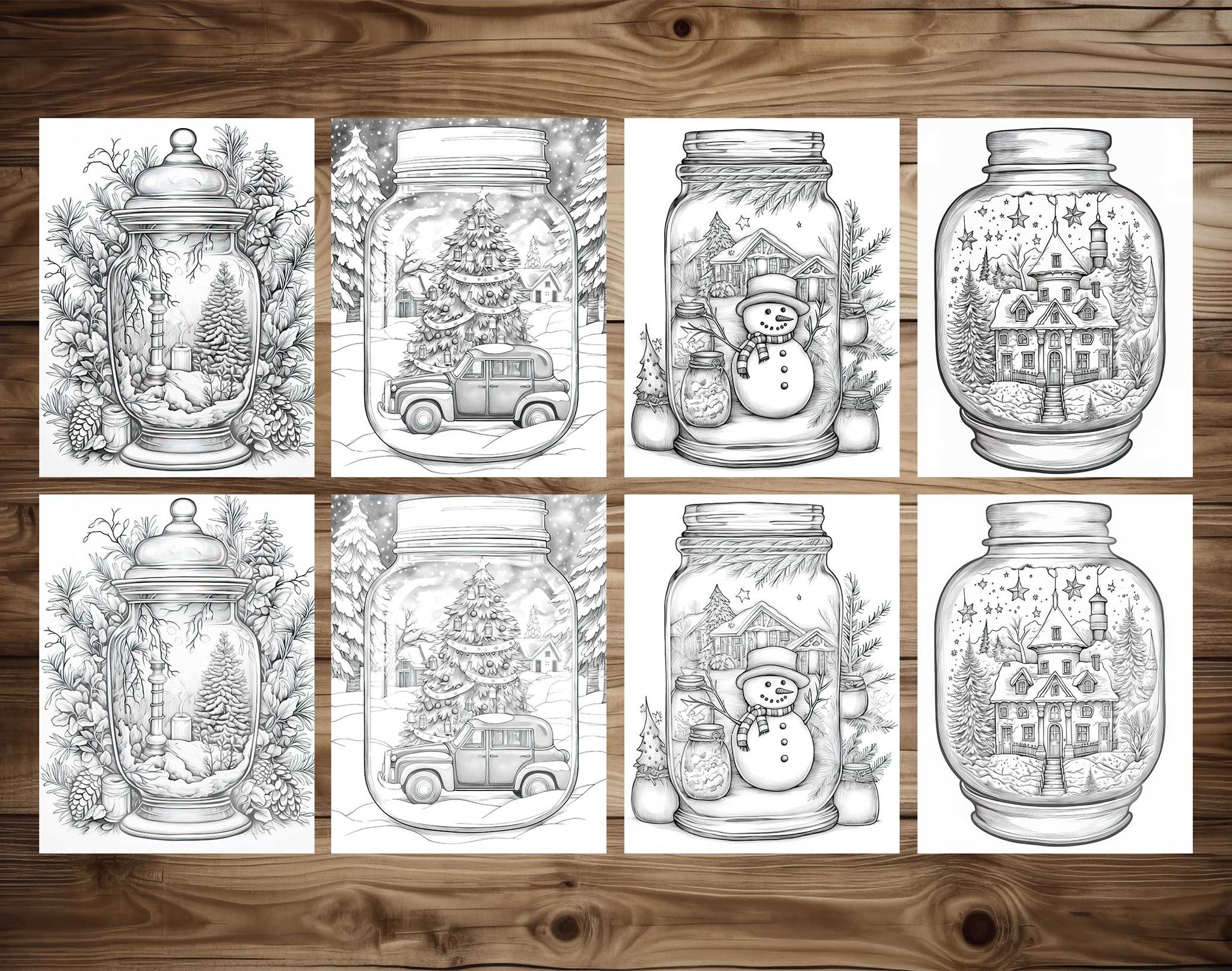 50 Christmas In Jar Grayscale Coloring Pages - Instant Download - Prin ...