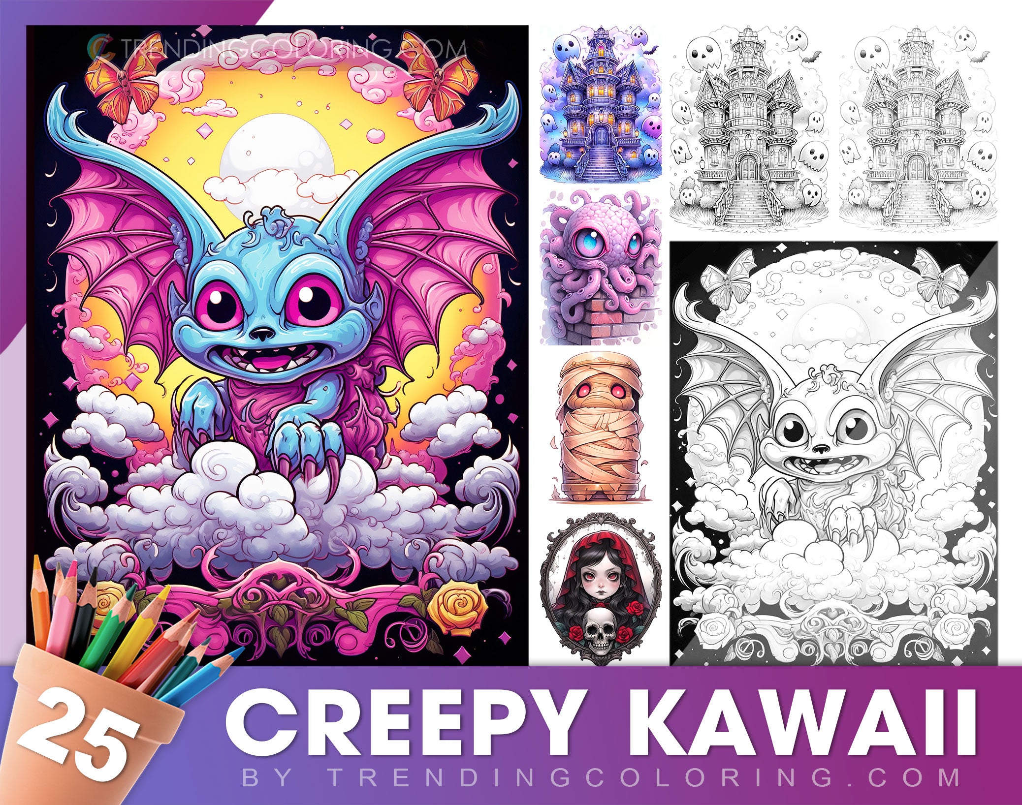 25 Creepy Kawaii Grayscale Coloring Pages - Halloween Coloring - Insta ...