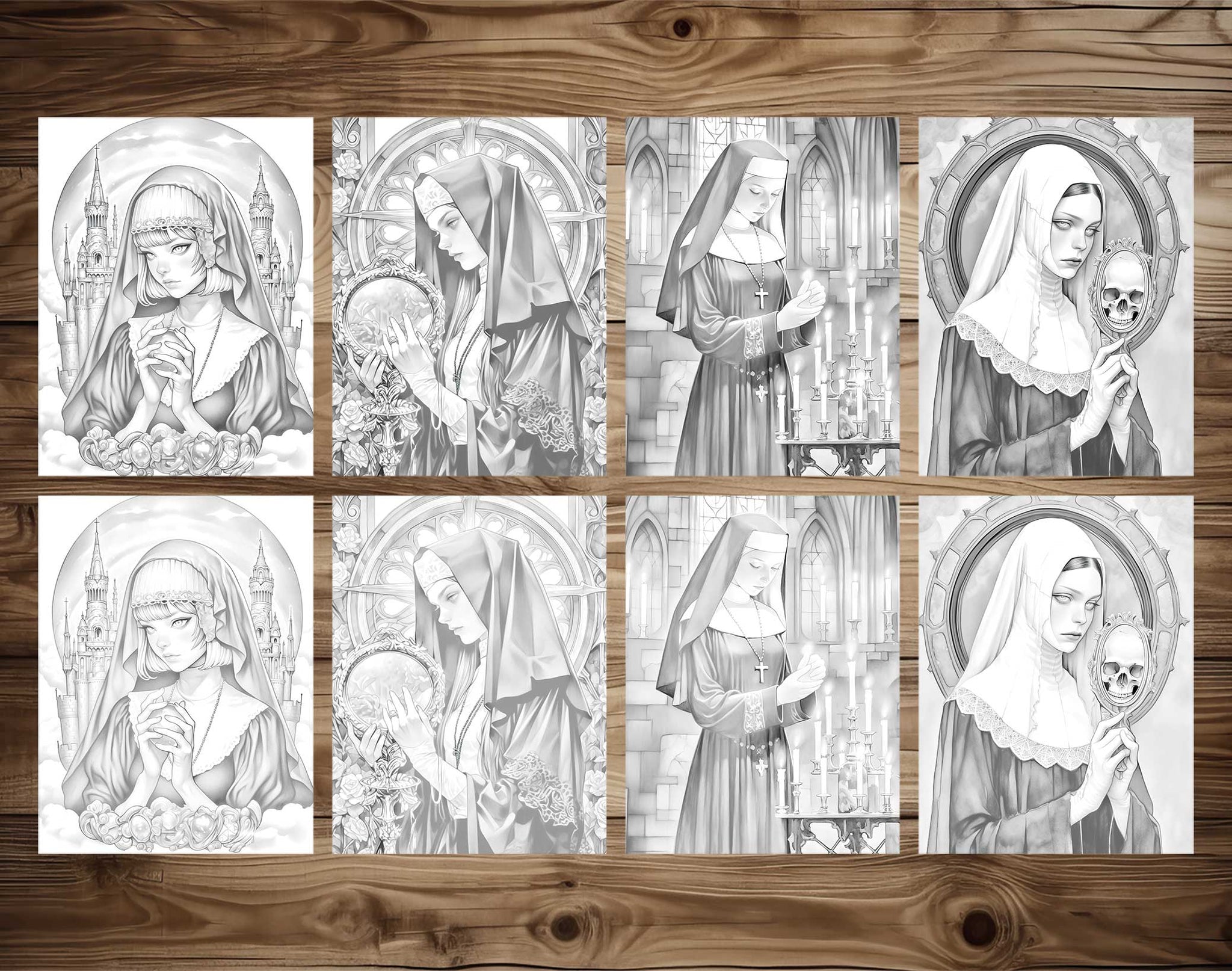 25 Gothic Nuns Grayscale Coloring Pages - Halloween Coloring - Instant ...