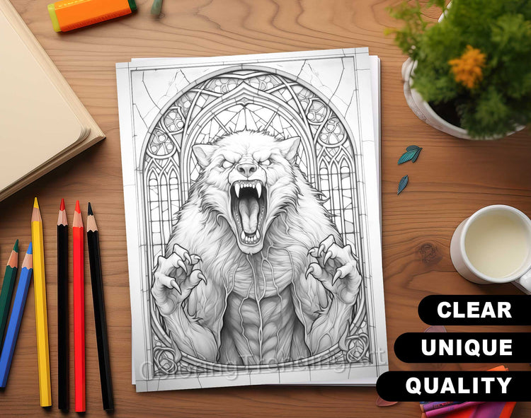 25 Halloween Stained Glass Grayscale Coloring Pages - Instant Download ...
