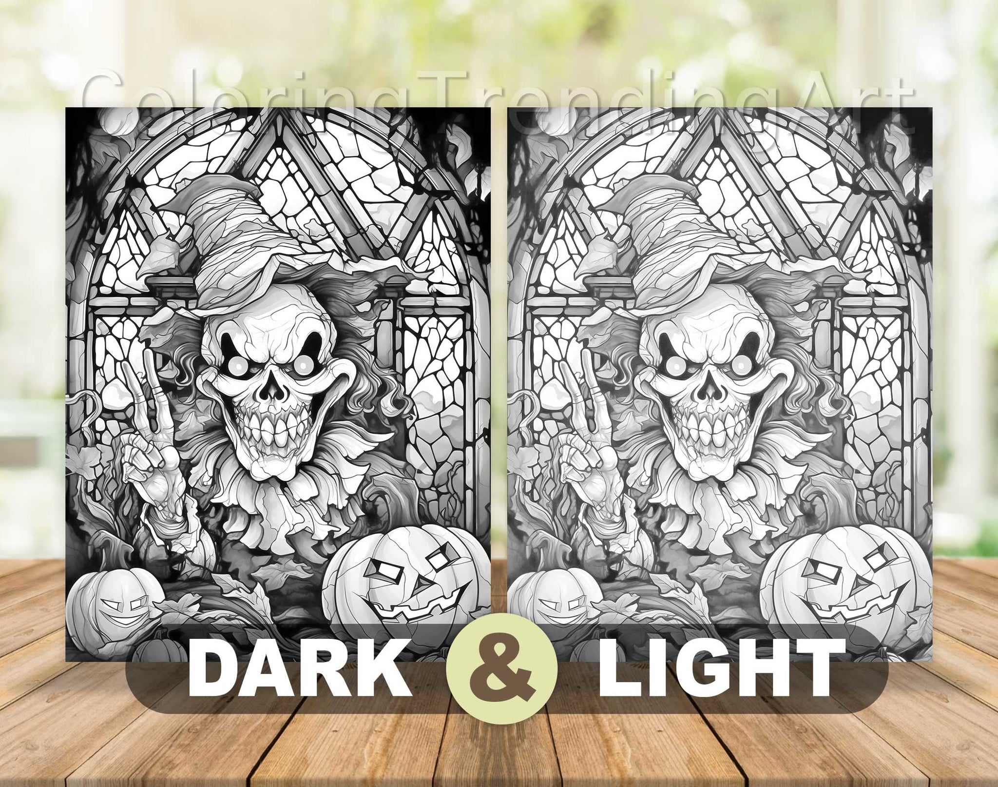 25 Halloween Stained Glass Grayscale Coloring Pages - Instant Download ...