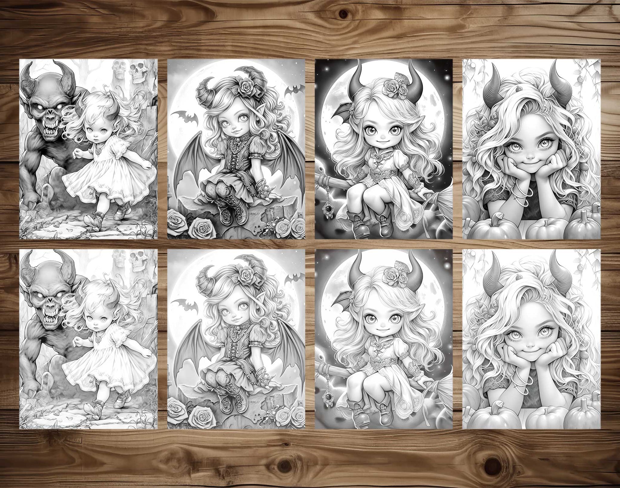 25 Little Devil Girls Grayscale Coloring Pages - Halloween Coloring ...