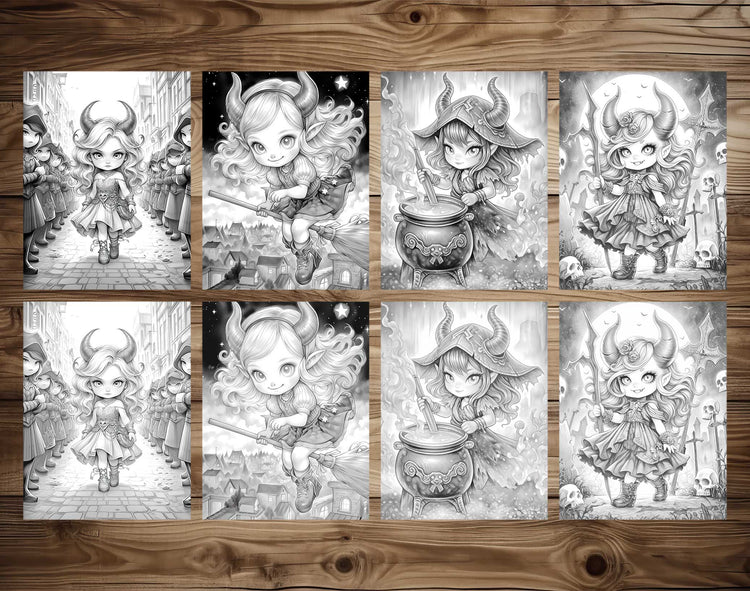 25 Little Devil Girls Grayscale Coloring Pages - Halloween Coloring ...