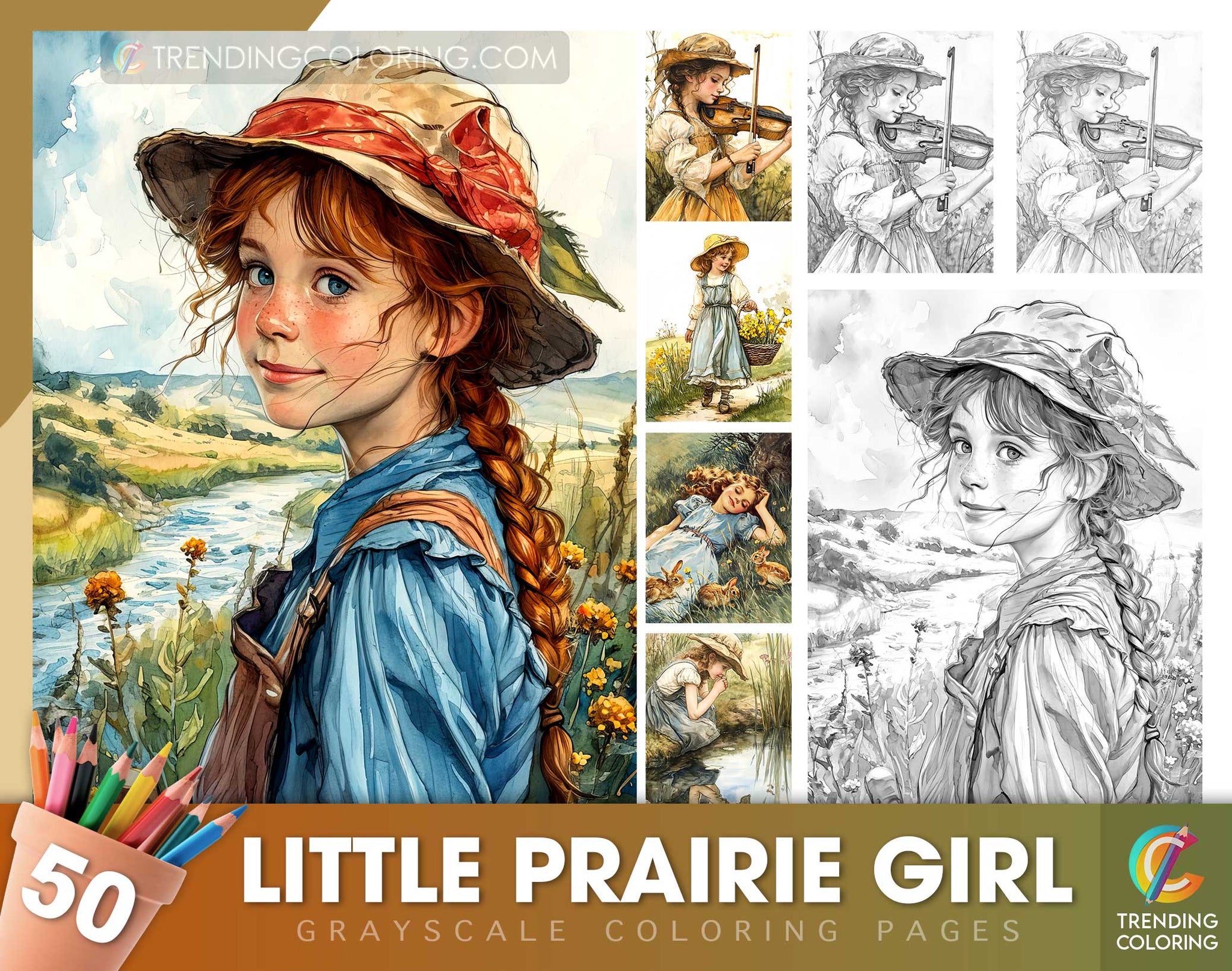 50 Little Prairie Girl Grayscale Coloring Pages - Instant Download - P ...