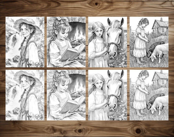 50 Little Prairie Girl Grayscale Coloring Pages - Instant Download - P ...