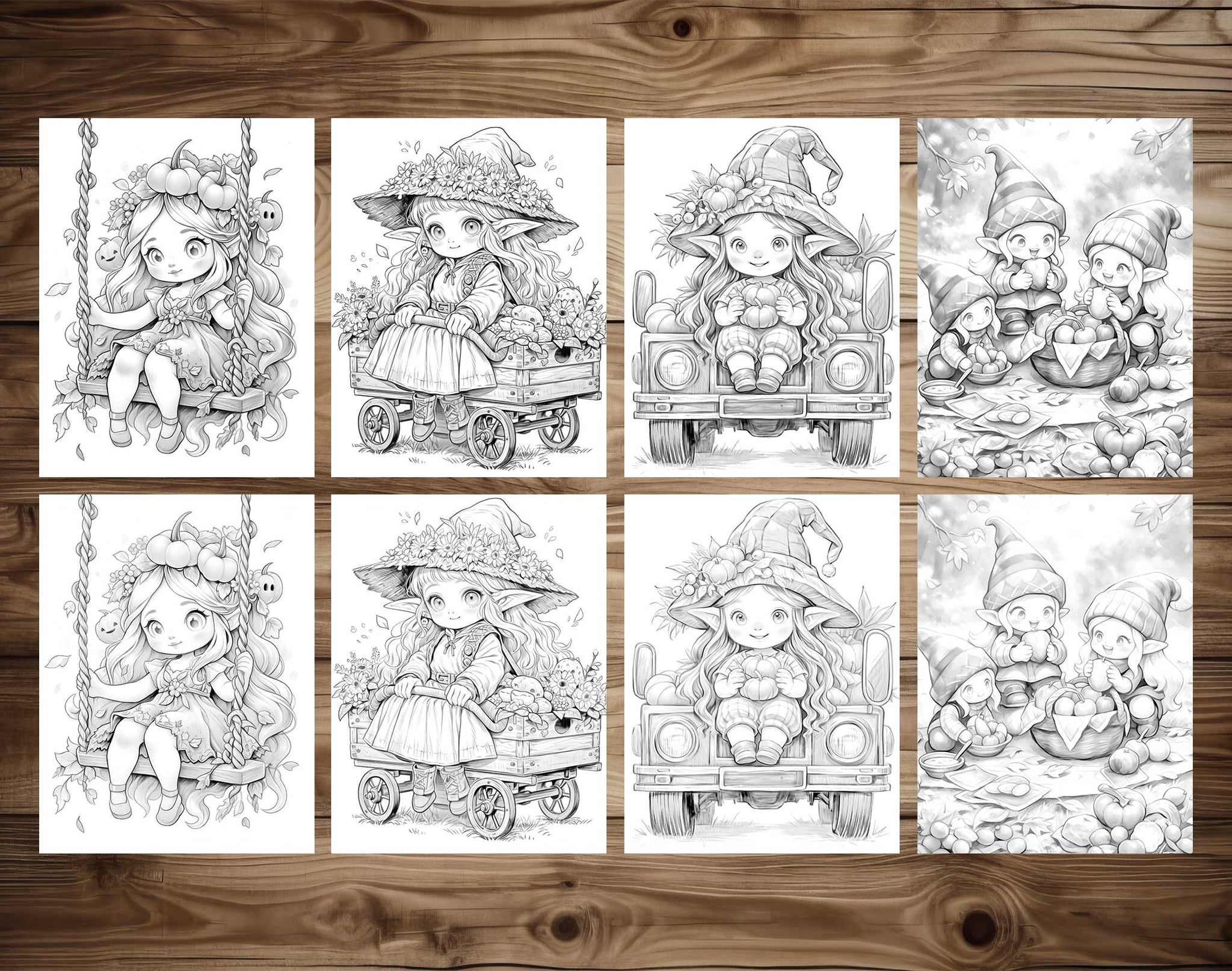 50 Autumn Gnome Girl Grayscale Coloring Pages - Instant Download - Pri ...