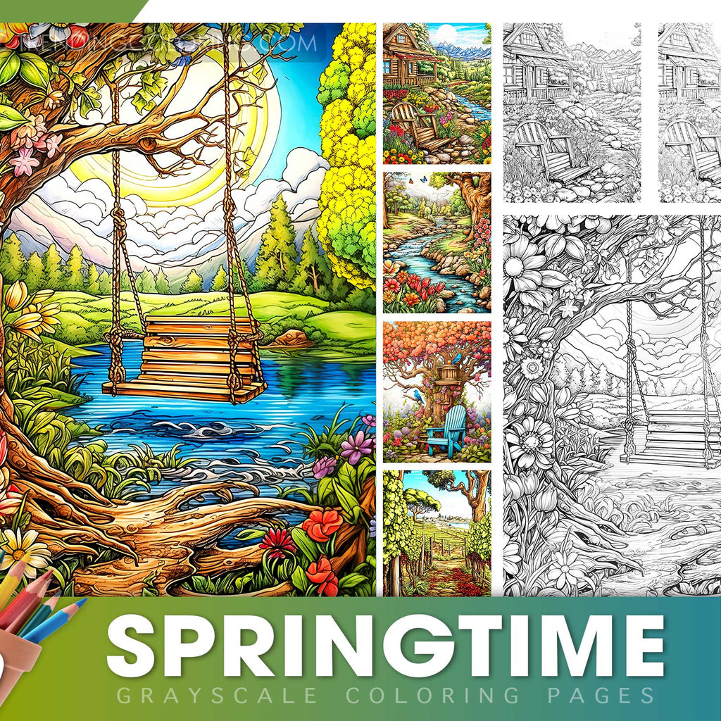 50 Springtime Grayscale Coloring Pages - Instant Download - Printable ...