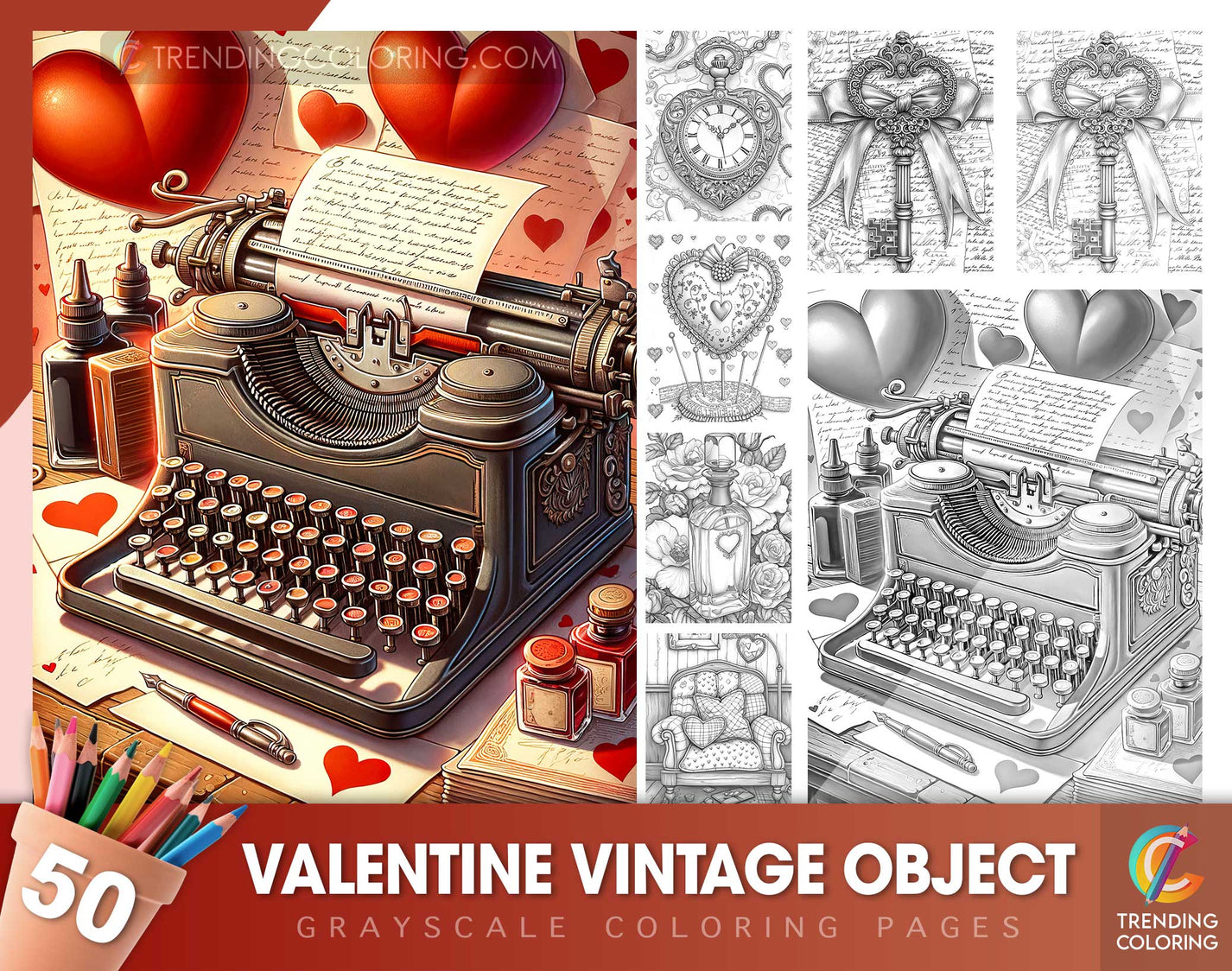 50 Valentine Vintage Object Grayscale Coloring Pages - Instant Downloa ...