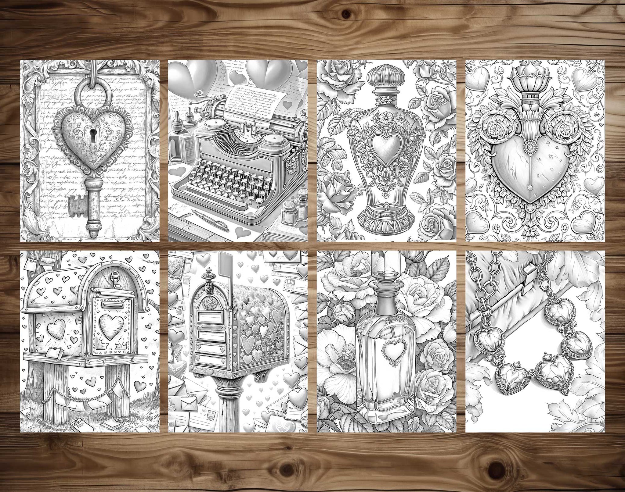 50 Valentine Vintage Object Grayscale Coloring Pages - Instant Downloa ...