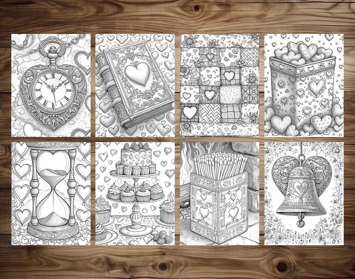 50 Valentine Vintage Object Grayscale Coloring Pages - Instant Downloa ...
