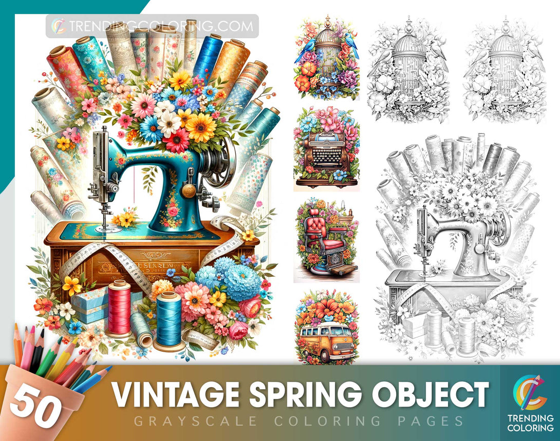 50 Vintage Spring Object Grayscale Coloring Pages - Instant Download ...