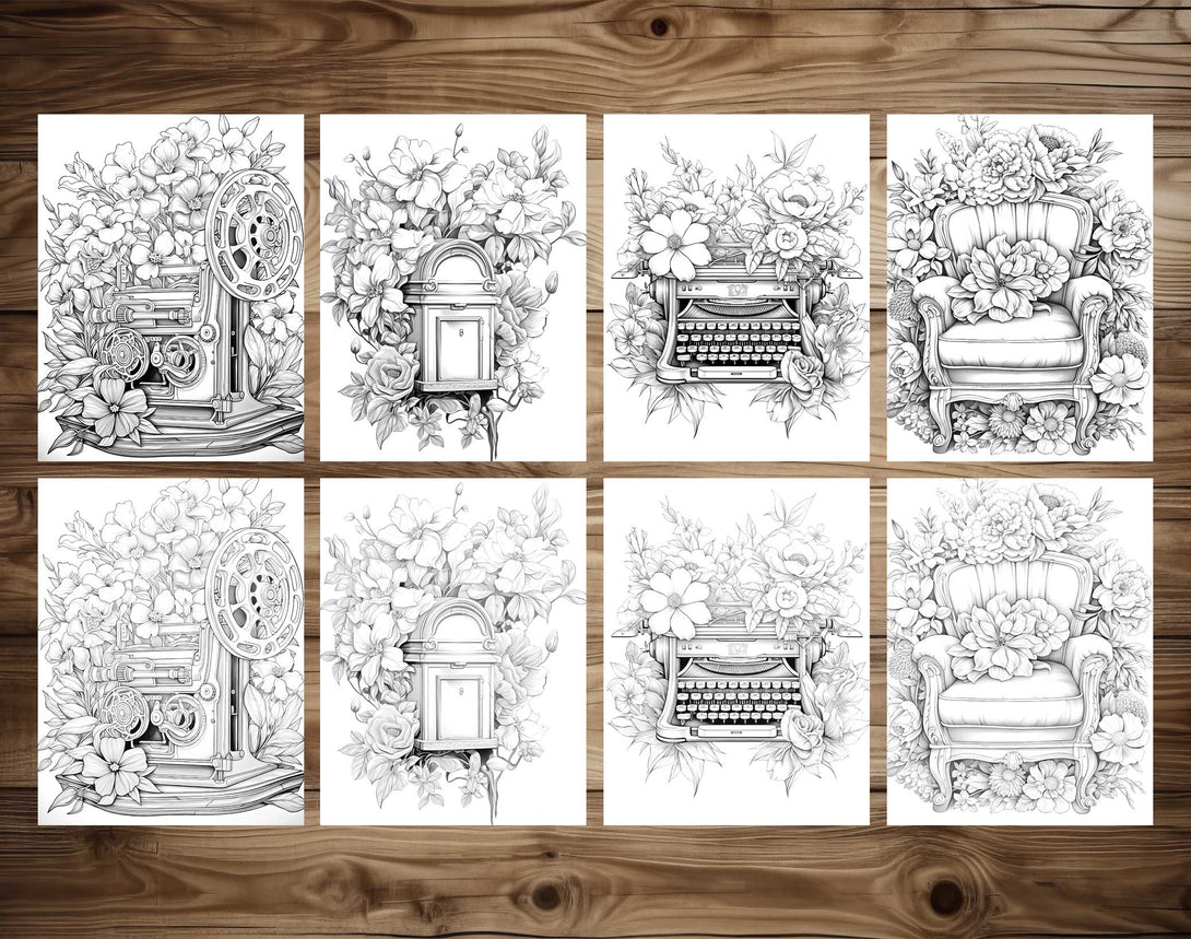 50 Vintage Spring Object Grayscale Coloring Pages - Instant Download ...