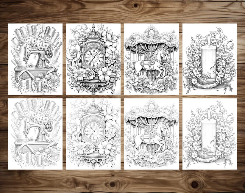 50 Vintage Spring Object Grayscale Coloring Pages - Instant Download ...