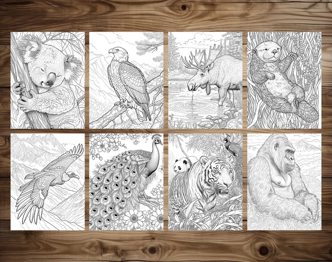 50 Wild Animal 2 Grayscale Coloring Pages - Instant Download - Printab ...