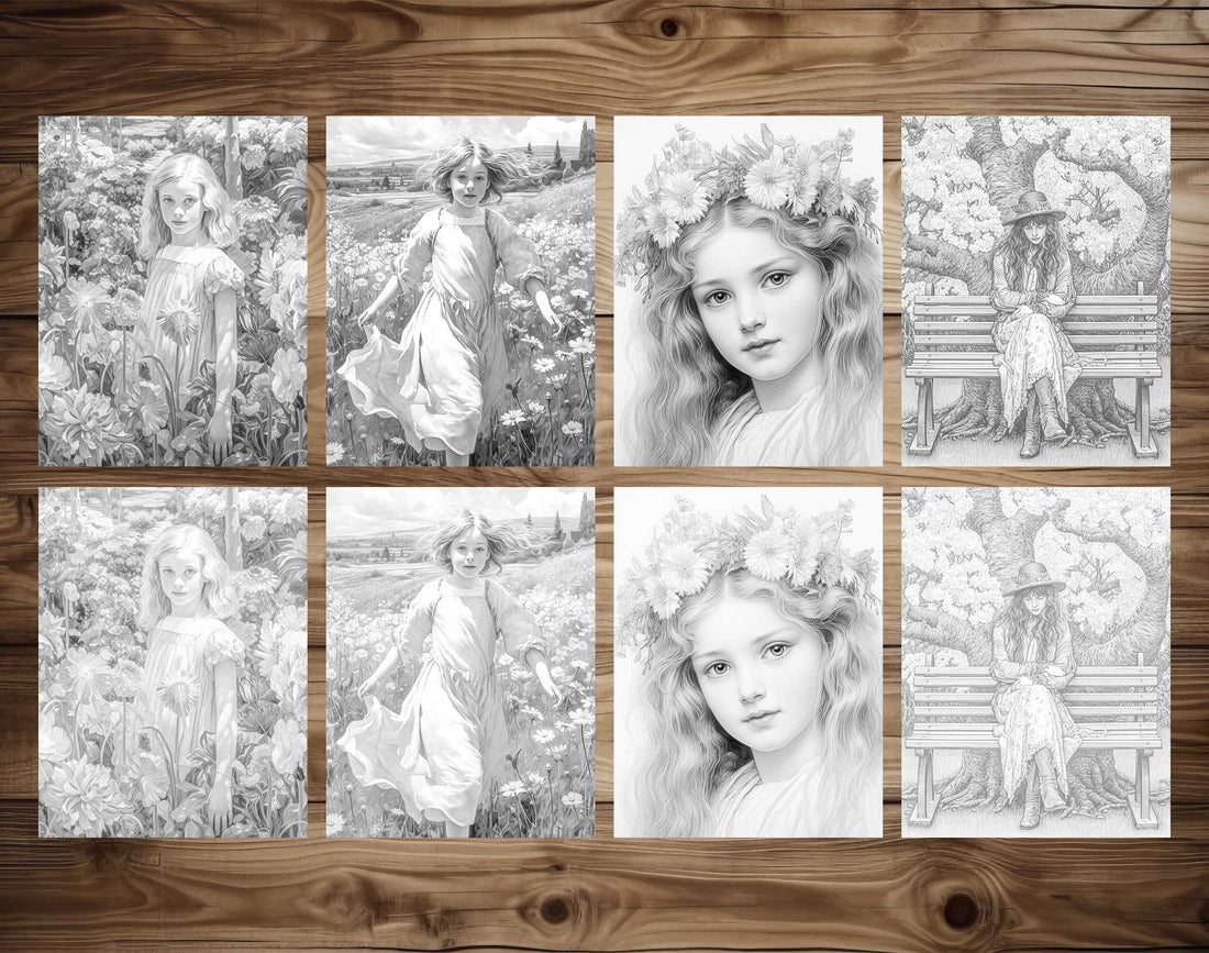 25 Spring Girls Grayscale Coloring Pages - Instant Download - Printabl ...