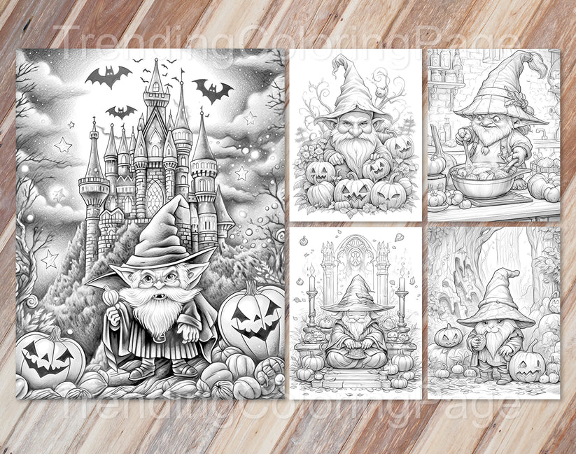 50 Halloween Gnomes Grayscale Coloring Pages - Instant Download - Prin ...