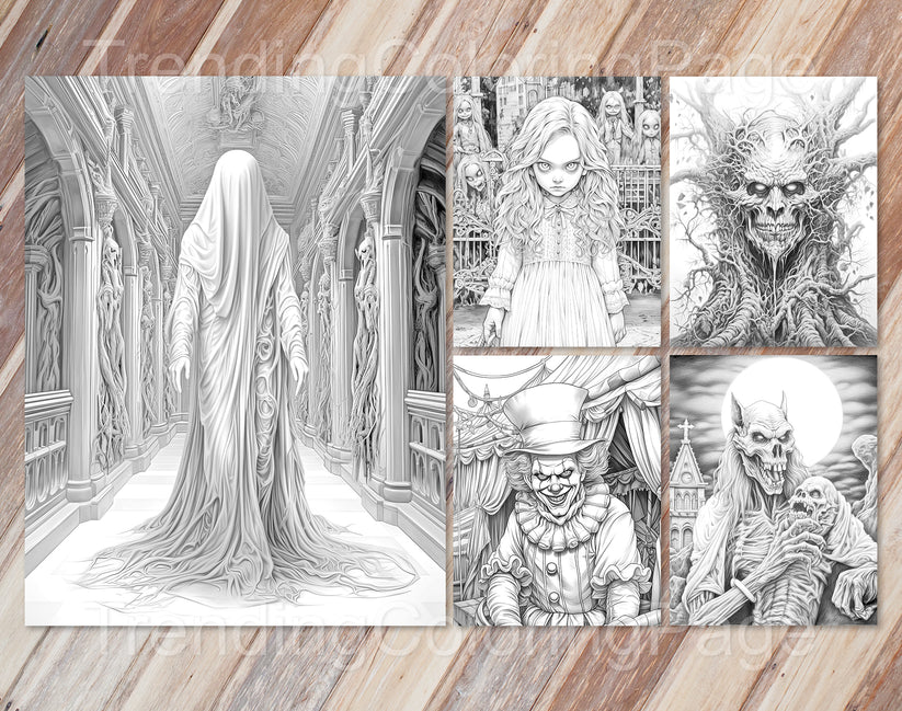 40 Freak of Horror Grayscale Coloring Pages - Halloween Coloring - Ins ...