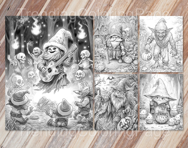 50 Halloween Gnomes Grayscale Coloring Pages - Instant Download - Prin ...